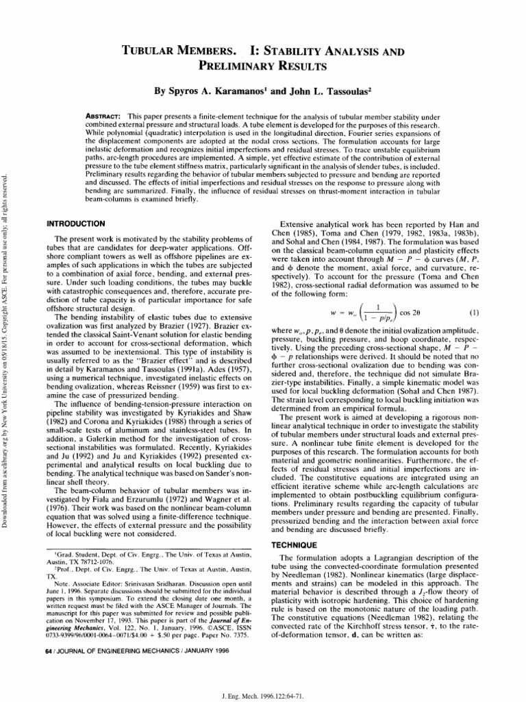 (1996) Tubular Members. I Stability Analysis and Preliminary Results ...