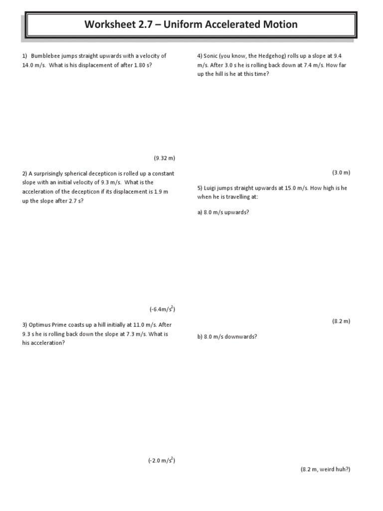 #4 Worksheet 2.7 - UAM Kinematics Word Problems PDF | PDF