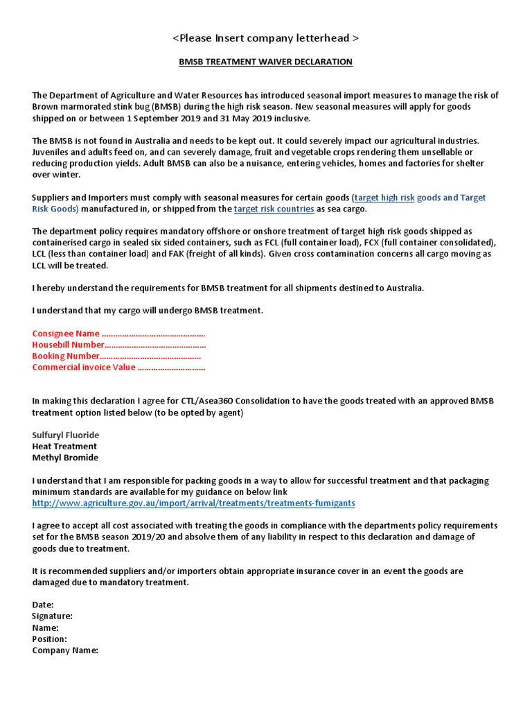 BMSB Declaration - Contract | PDF | Cargo | Containerization