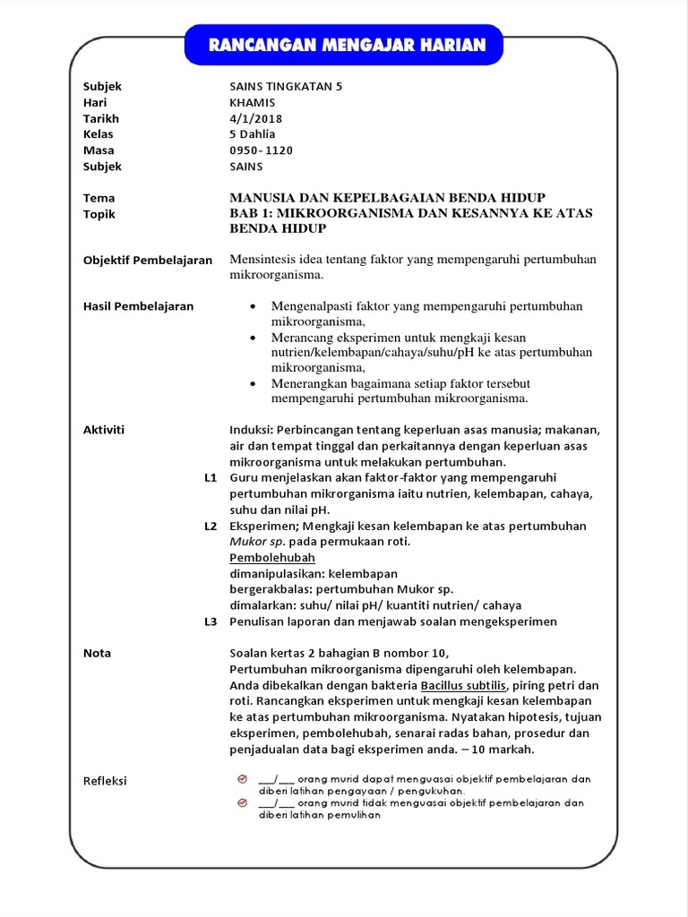RPH Sains f5 1 2 Faktor Mempengaruhi Pertumbuhan Mikroorganisma | PDF