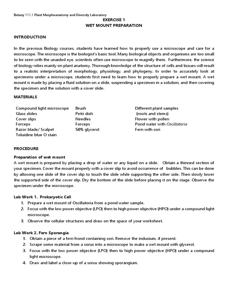 Ex. 1 Wet Mount Preparation | PDF | Organisms | Science