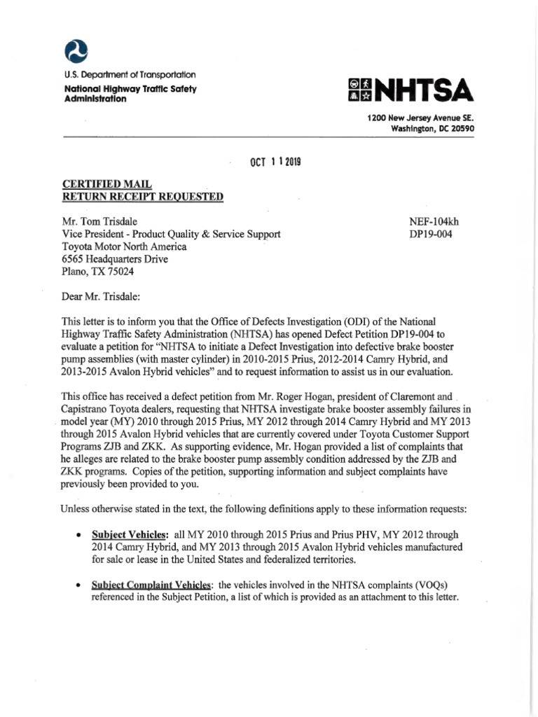 NHTSA Letter To Toyota | PDF