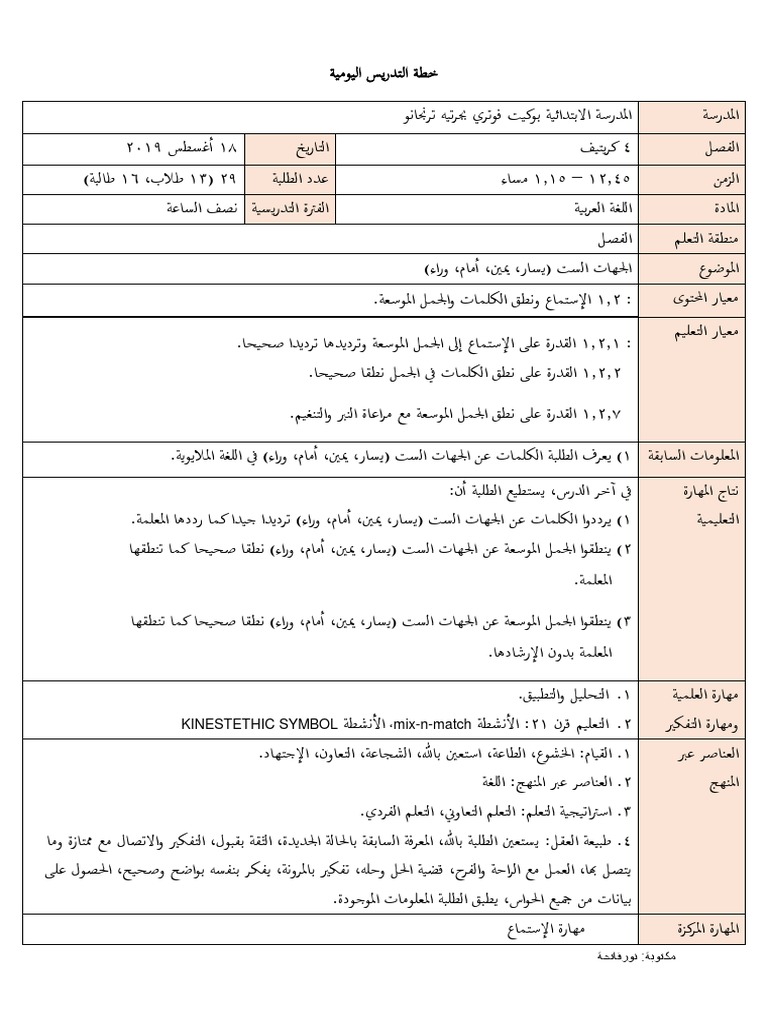 Contoh RPH Bahasa Arab Tahun 4 | PDF