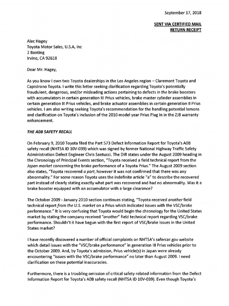 2018 Letter To Toyota | PDF