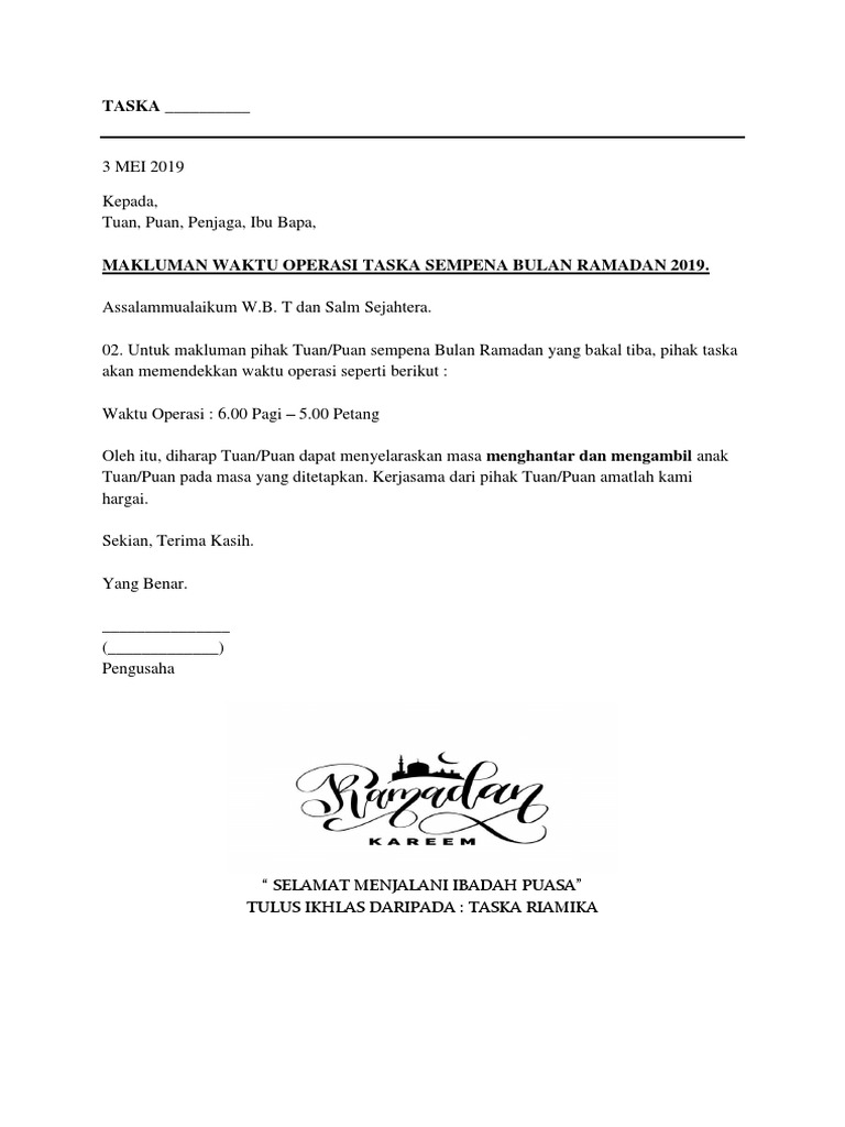 Contoh Surat Makluman Cuti Pemendekkan Operasi Sempena Puasa Ramadan | PDF
