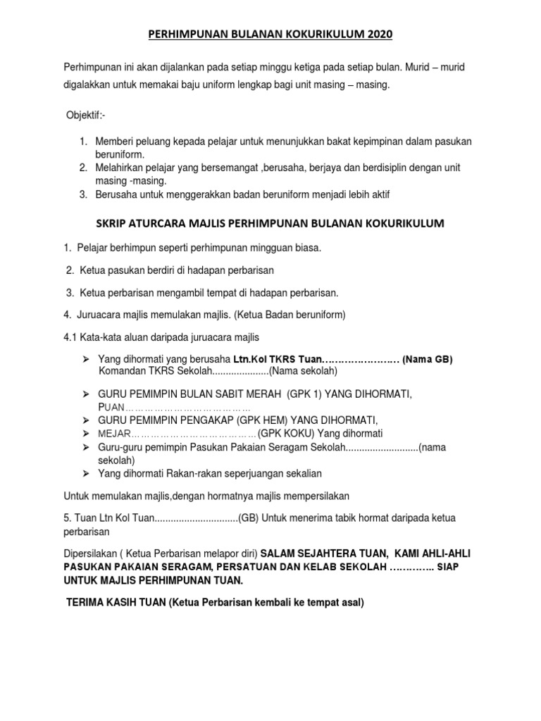 Skrip Aturcara Majlis Perhimpunan Bulanan Kokurikulum | PDF