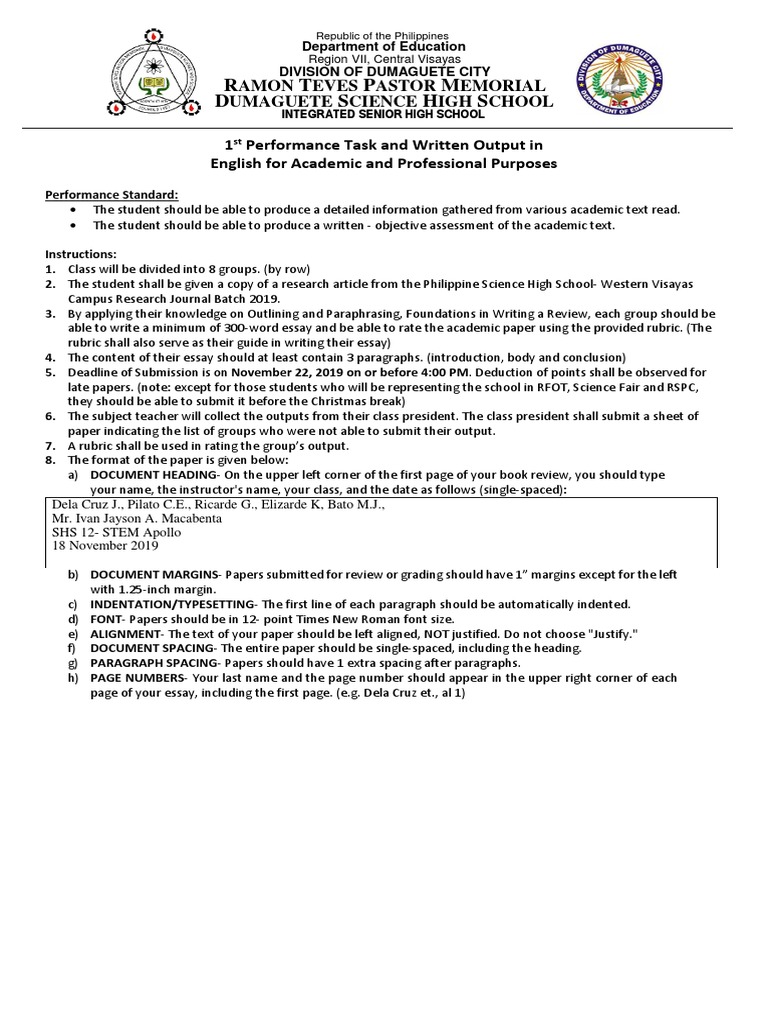 EAPP Performance Task Guidelines | PDF | Academic Publishing | Rubric ...
