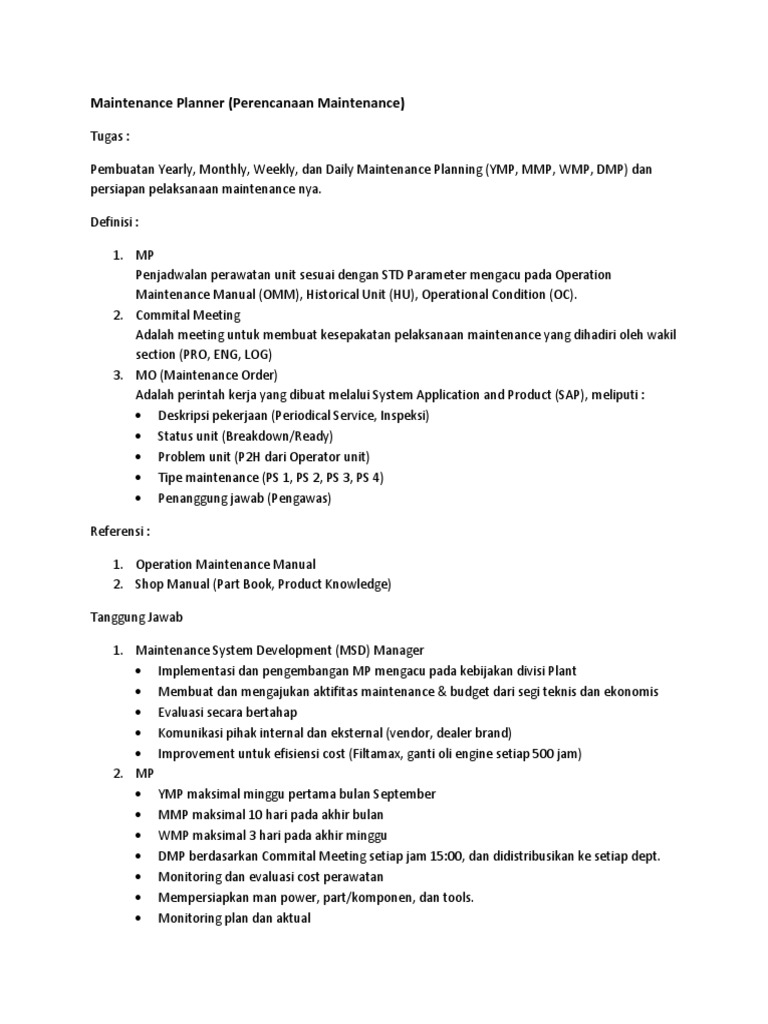 SOP MP (Maintenance Planner) | PDF
