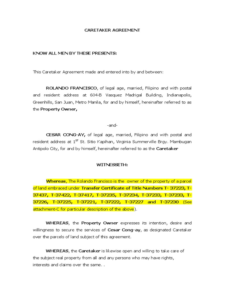 Caretaker Agreement | PDF | Assignment (Law) | Business Law