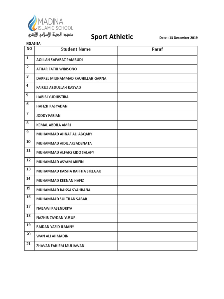 Sport Athletic Class 8A Student List | PDF