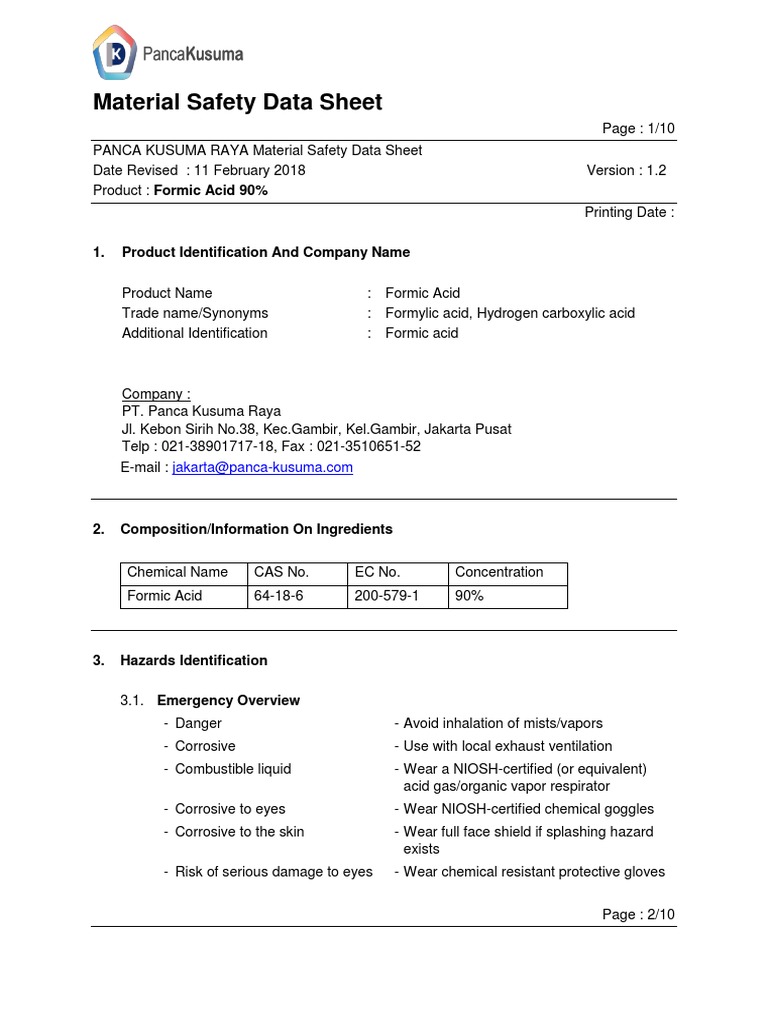 MSDS - FORMIC ACID 90% (Eng) | PDF | Toxicity | Personal Protective ...