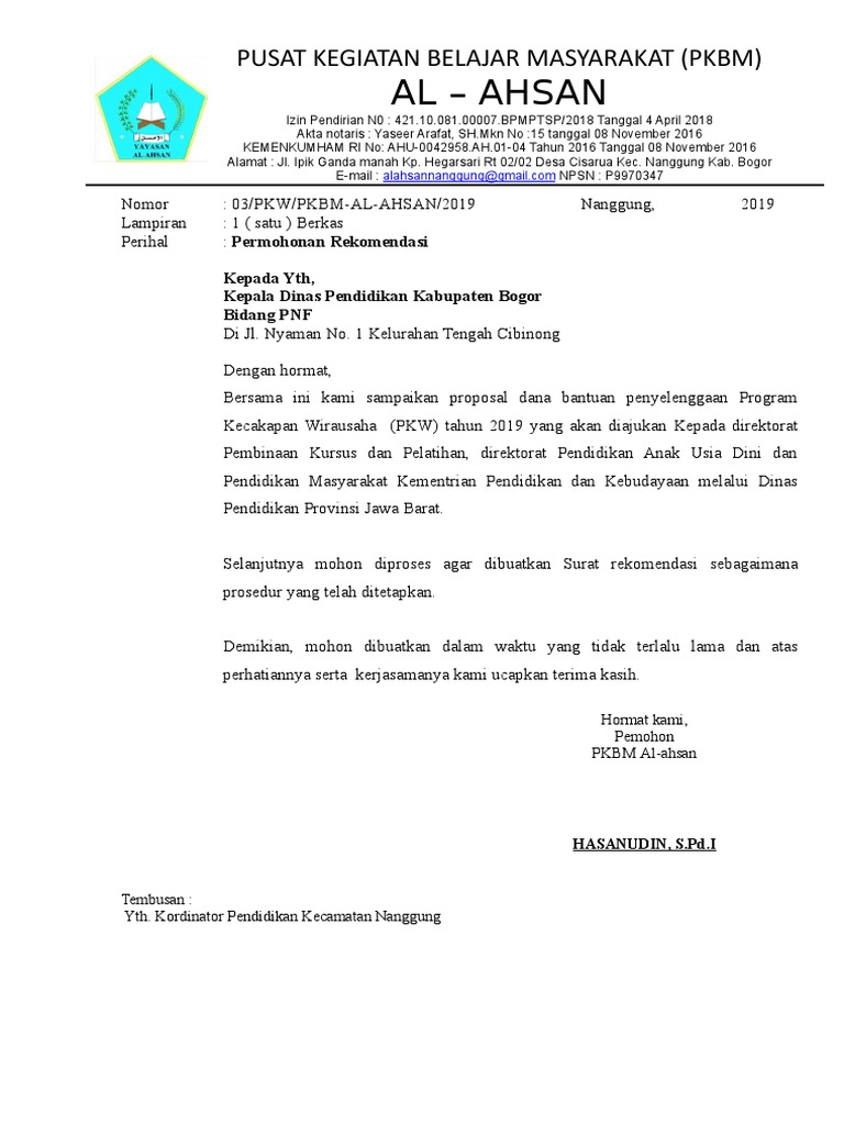 Proposal Bantuan PKW PKBM Al-Ahsan | PDF