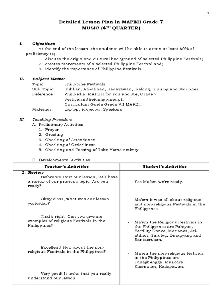 Detailed Lesson Plan Music Festival | PDF | Philippines