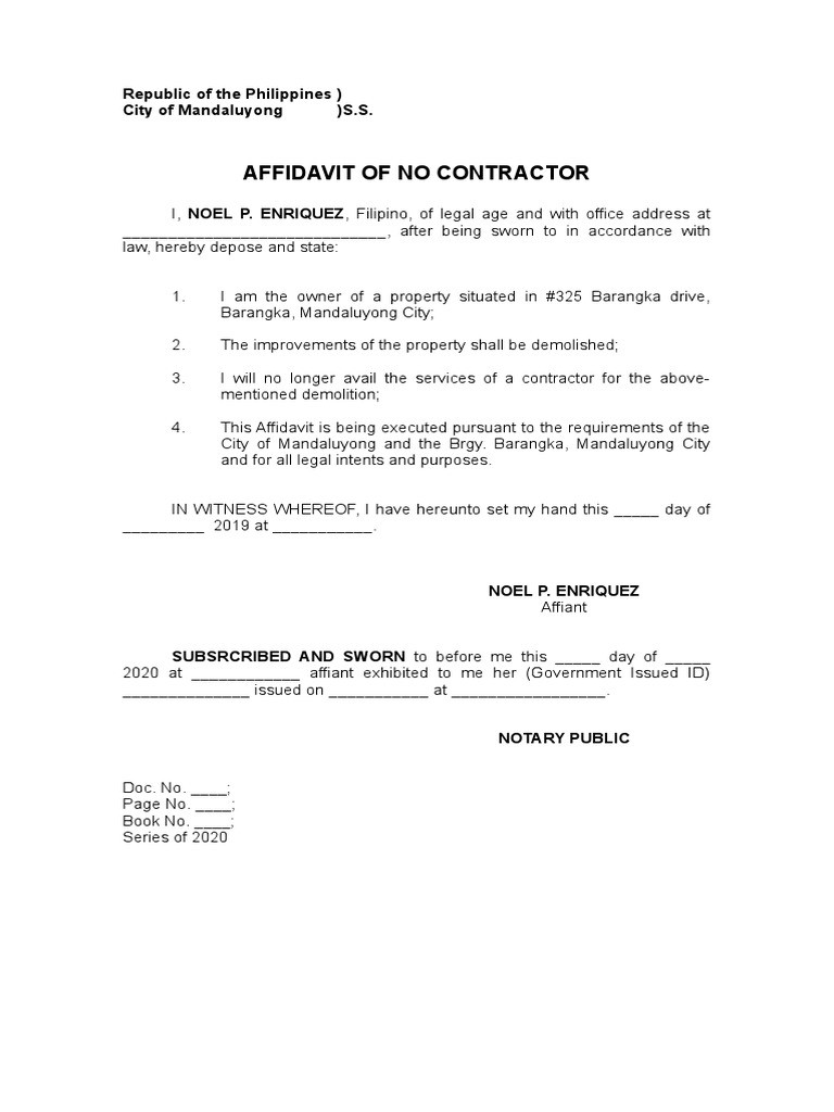AFFIDAVIT OF no contractor