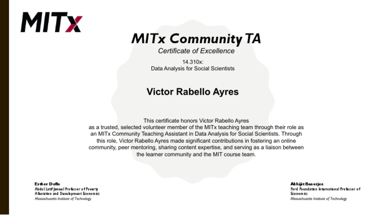 Certificado - MITx - Community Teaching Assistant in Data Analysis For ...