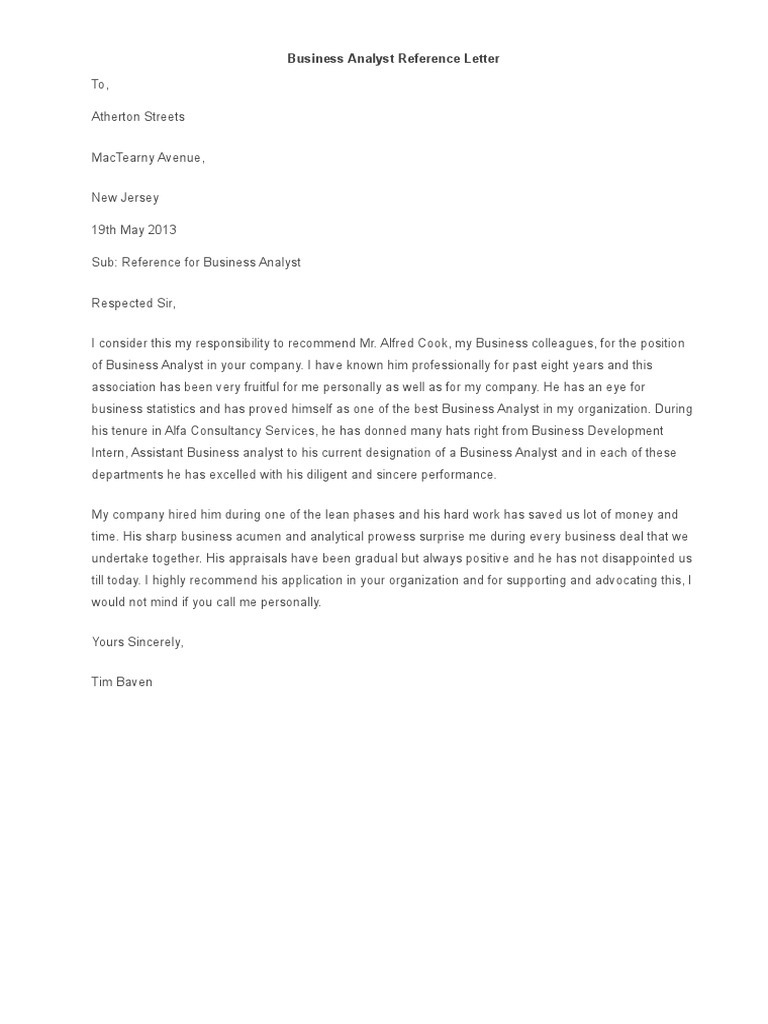 Business Analyst Reference Letter | PDF