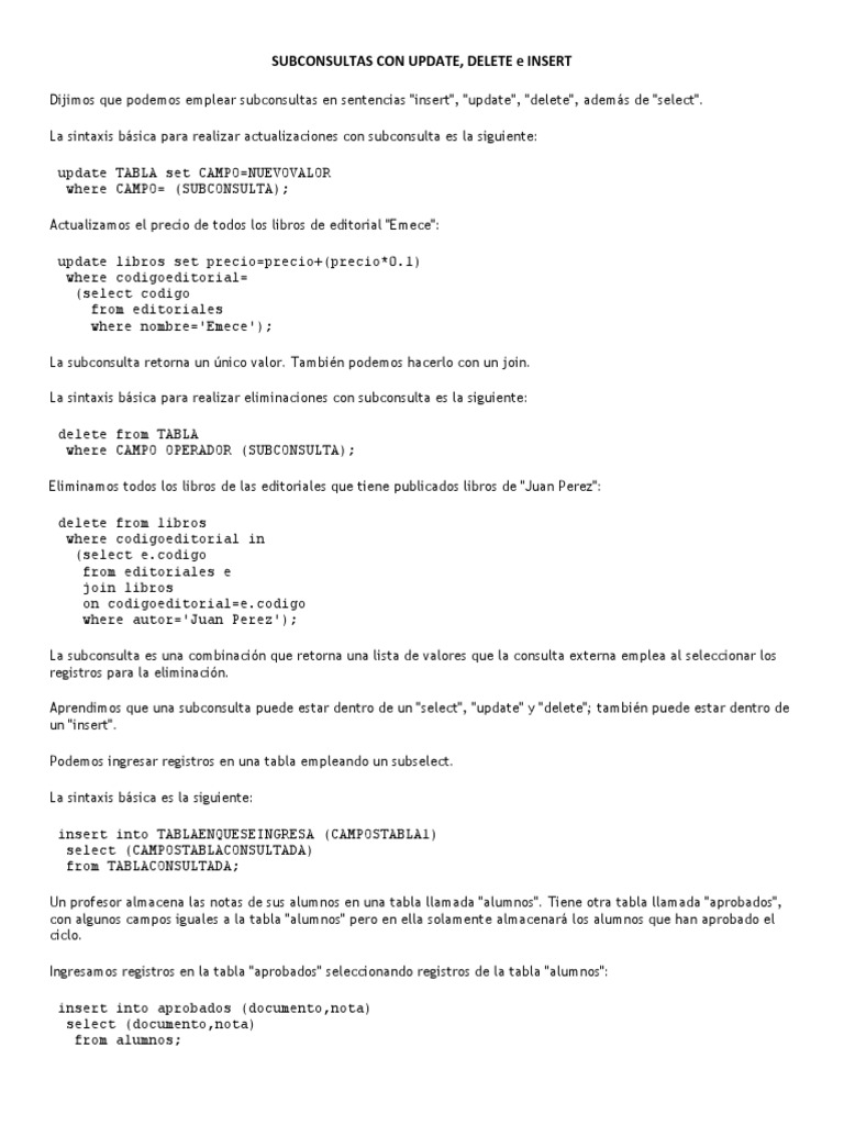 Subconsultas en SQL: UPDATE, DELETE, INSERT | PDF | Datos de computadora | Modelo de datos