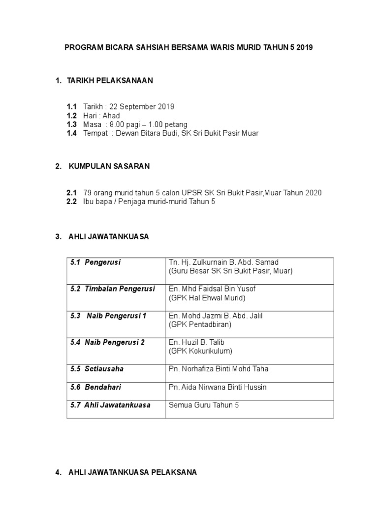 Ajk Program Bicara Sahsiah Bersama Waris Murid Tahun 5 2019 | PDF
