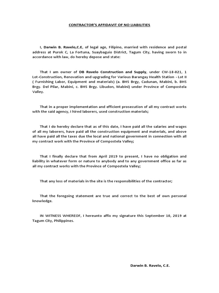 CONTRACTOR's aFFIDAVIT OF NO LIABILITIES | PDF