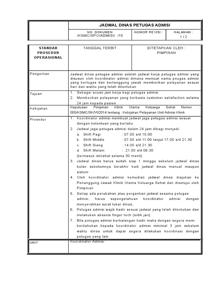 Spo Jadwal Dinas Admisi | PDF
