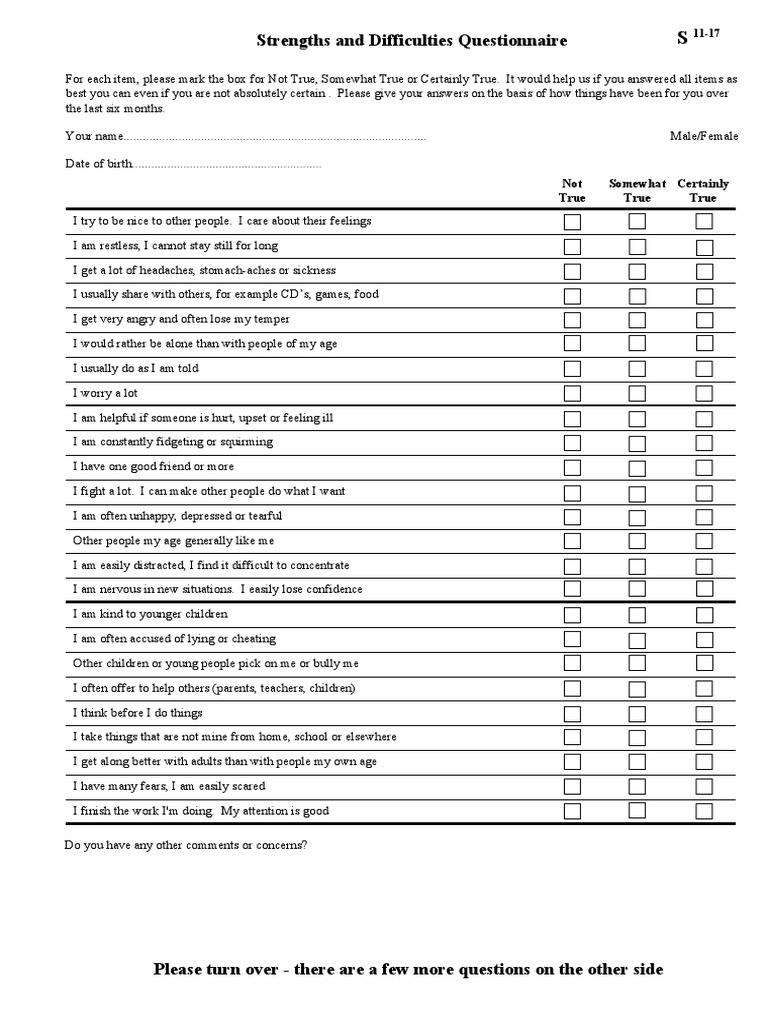 Intake SDQ 11-17 Yr Self Report | PDF | Behavioural Sciences | Action ...