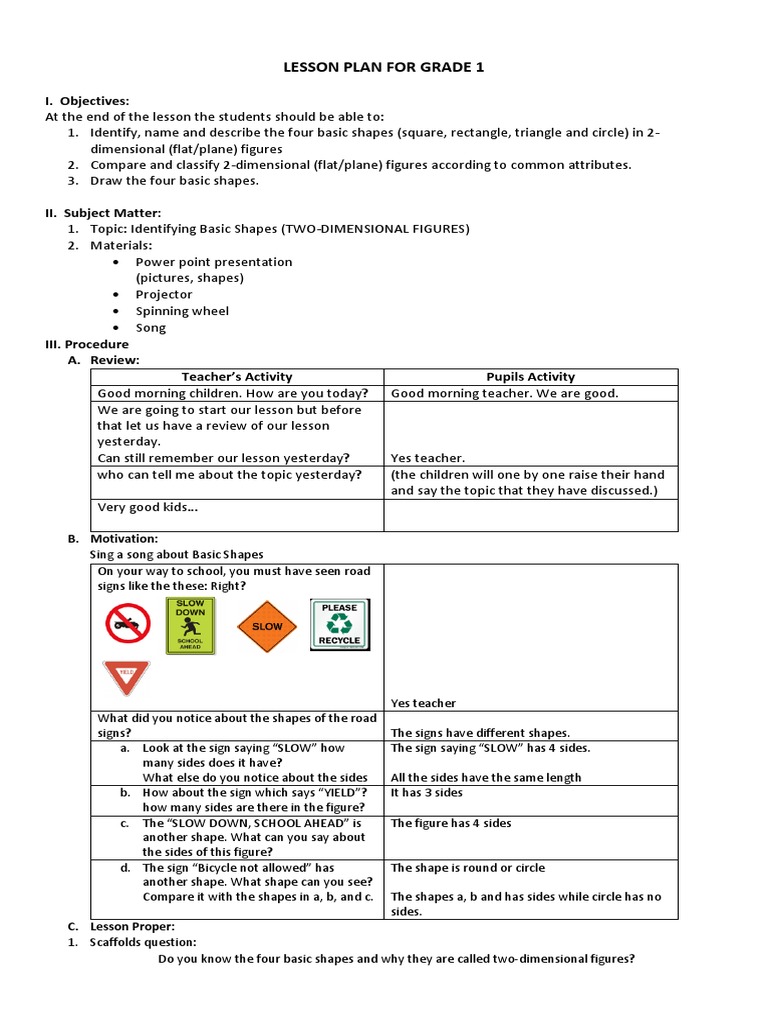 Lesson Plan For Grade 1 | PDF | Shape | Rectangle
