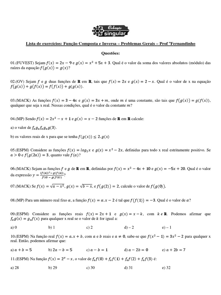 25 Exercícios de Funcao Composta e Inversa | PDF | Número real | Função ...