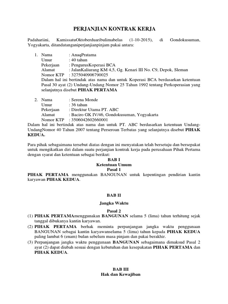 Contoh Perjanjian Kontrak Kerja | PDF