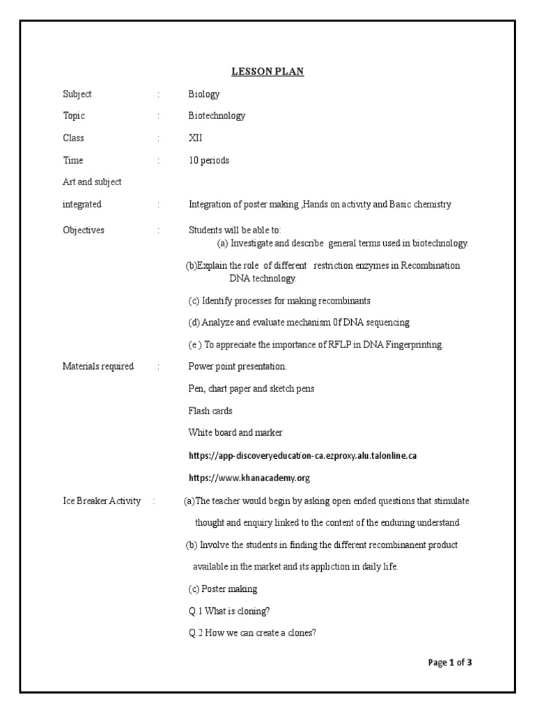LESSON PLAN Bio Class XII | PDF | Recombinant Dna | Polymerase Chain ...