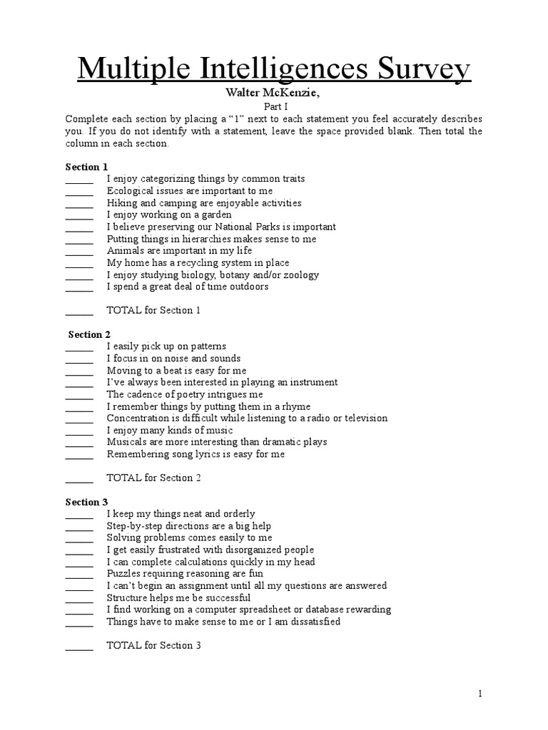 Multiple Intelligences Survey | PDF | Mind | Cognition