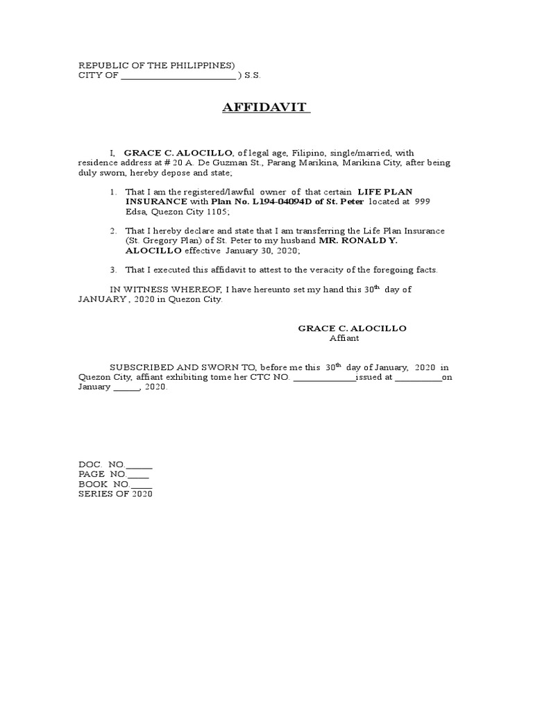 Affidavit-of-Transfer-of-life Insurance Grace Alocillo | PDF | Legal ...