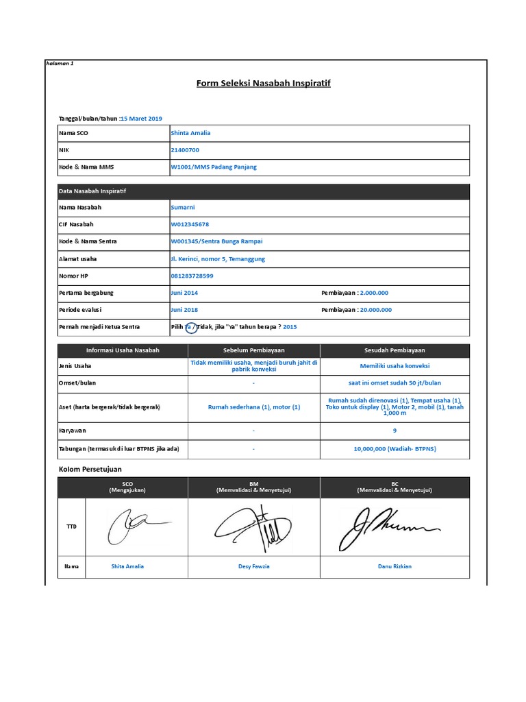 Form Seleksi Nasabah Inspiratif - SCO - Contoh Pengisian | PDF