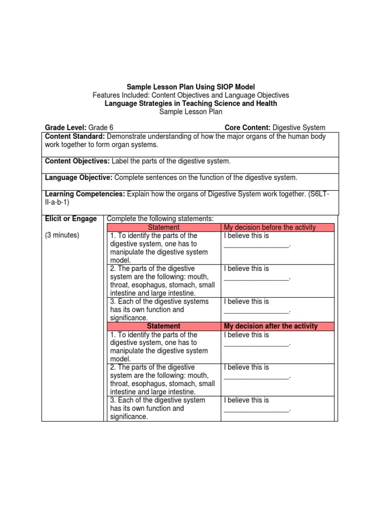 Sample Lesson Plan Using SIOP Model | PDF | Digestion ...