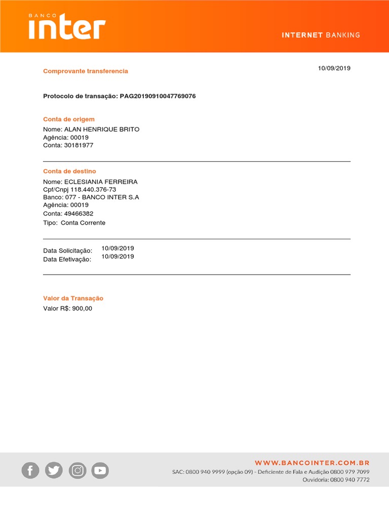 Comprovantes Inter | Download grátis PDF | Brasil | Bancos