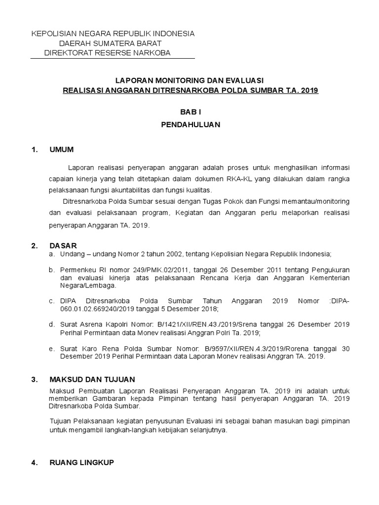 Format Laporan Monev Tahunan 2019 - Ditnarkoba | PDF