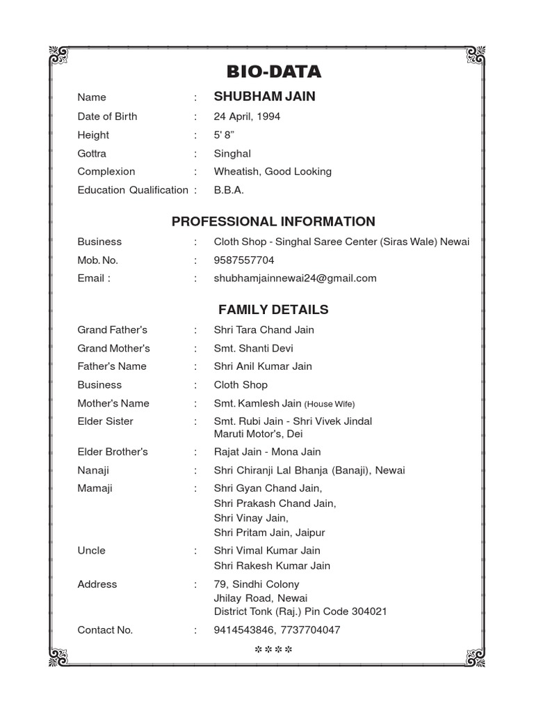 Bio Data Shubham Jain | PDF | Sikhism