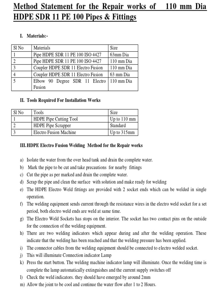 Method Statement For The Repair Works of HDPE | PDF | Pipe (Fluid ...
