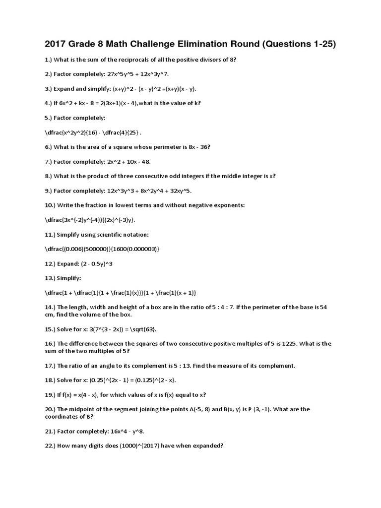 2017 Grade 8 Math Challenge Elimination Round | PDF | Elementary ...