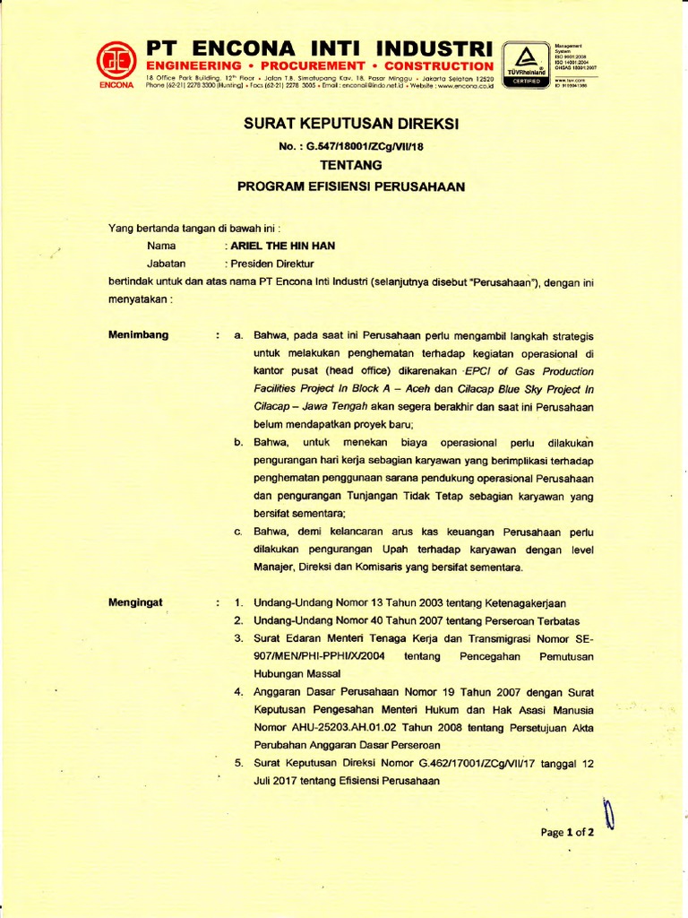 Surat Keputusan Direksi Program Efisiensi Perusahaan | PDF