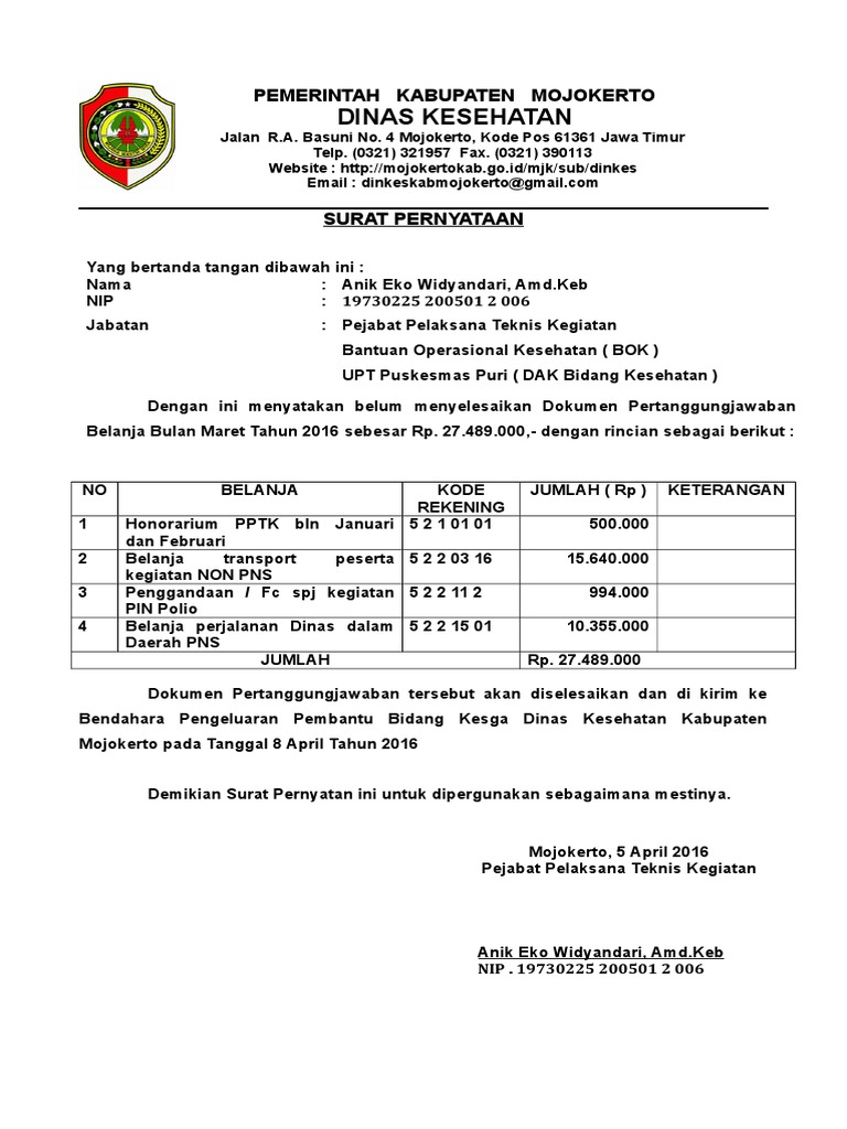 Surat Pernyataan SPJ Terlambat | PDF