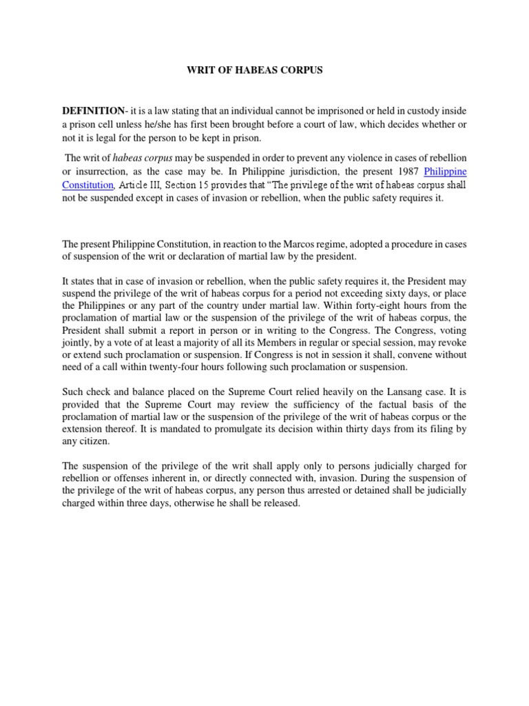 WRIT OF HABEAS CORPUS | Habeas Corpus | Writ