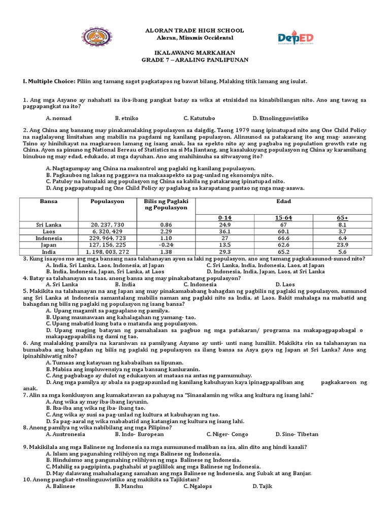 2nd Grading Exam (Aral Pan) | PDF