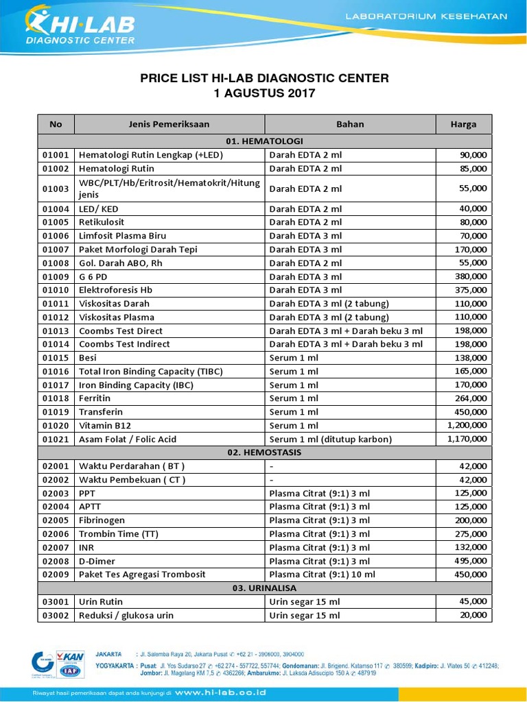 Price List Lengkap Hilab 2017-1 PDF | PDF | Kesehatan Holistik | Sains ...