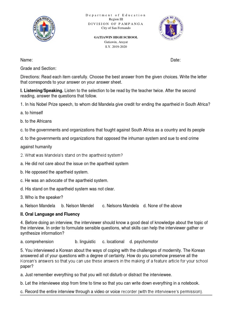 Exam Grade 8 English New | PDF | Nelson Mandela | Apartheid