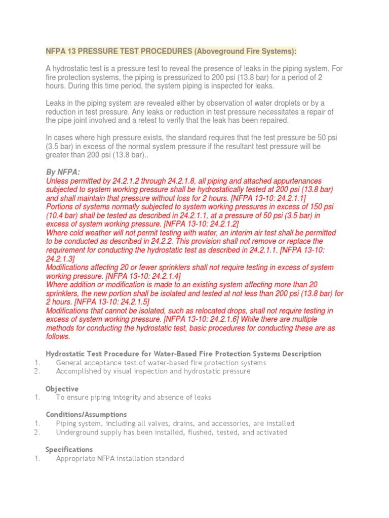 NFPA 13 PRESSURE TEST PROCEDURES (Fire Pro) | PDF | Fire Sprinkler ...