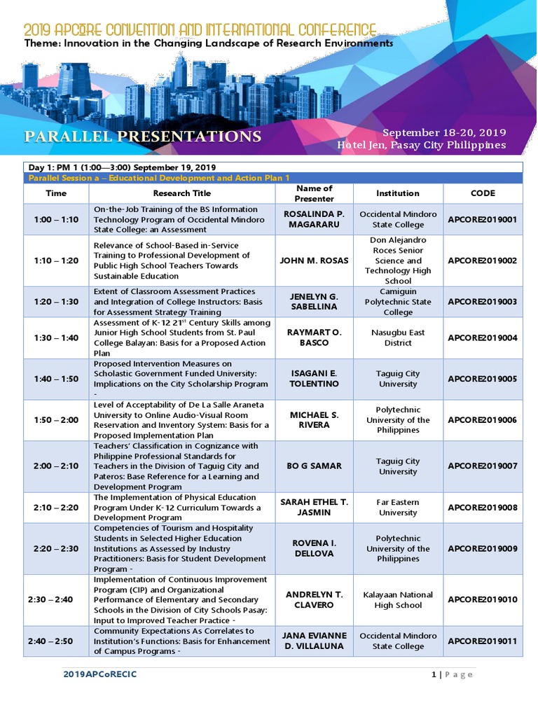 2019 APCORE Parallel Session Schedule - Day 1 and Day 2 | PDF | University | Educational Technology
