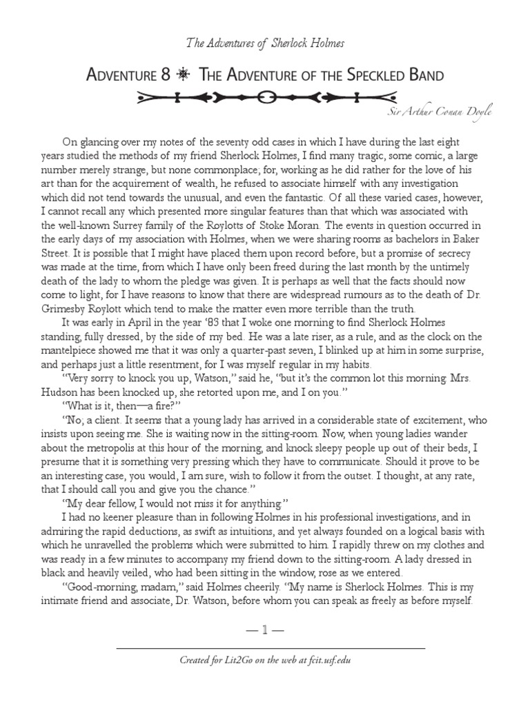 Sherlock Holmes: The Speckled Band | PDF | The Adventure Of The ...