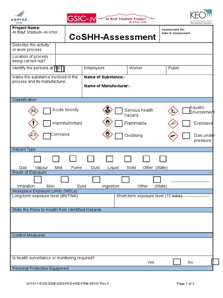 167 COSHH Assessment Form Rev. 1 | Download Free PDF | Safety | Prevention