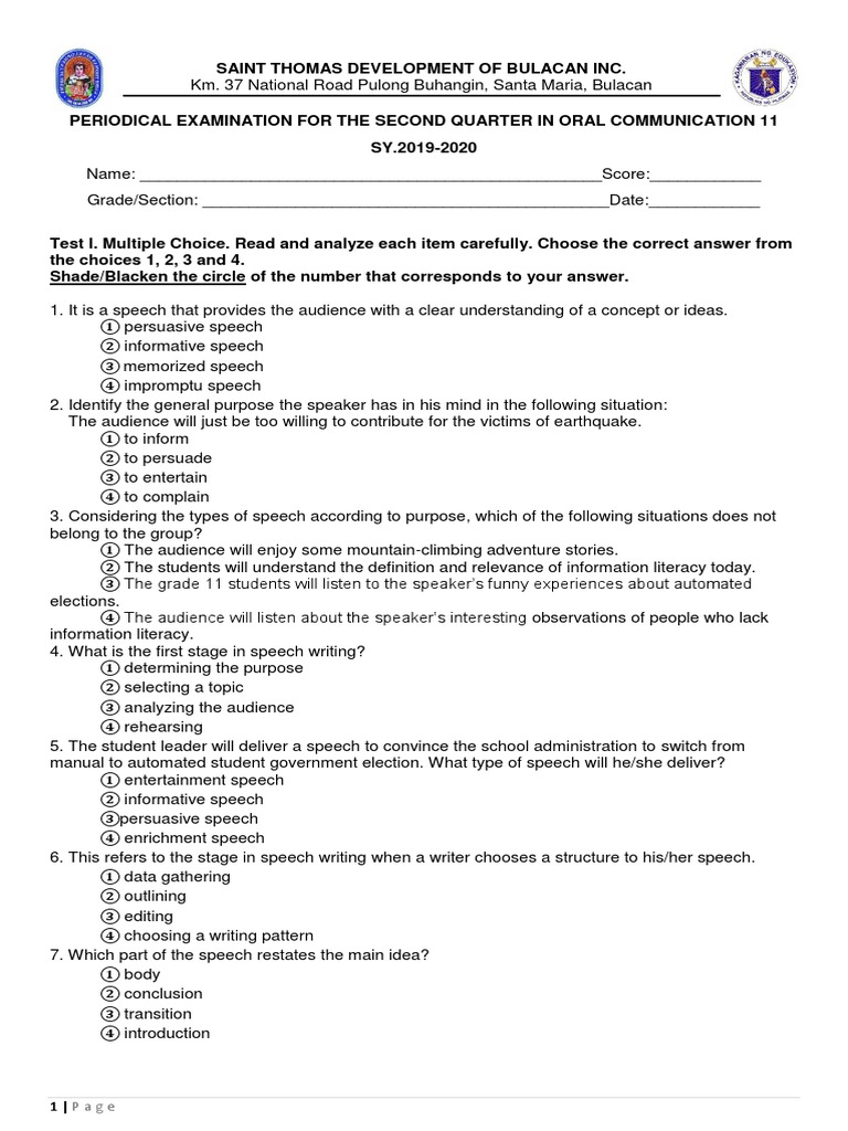 Grade 11 Oral Communication Exam Guide | PDF | Stress (Linguistics ...