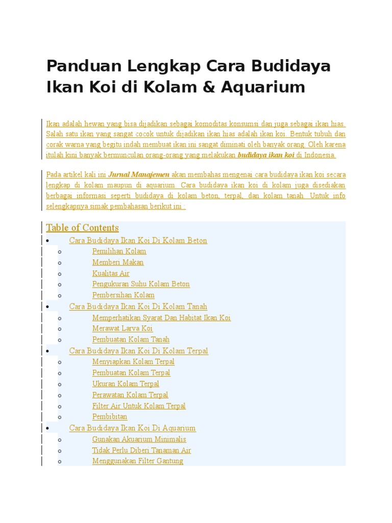 Panduan Lengkap Cara Budidaya Ikan Koi Di Kolam | PDF